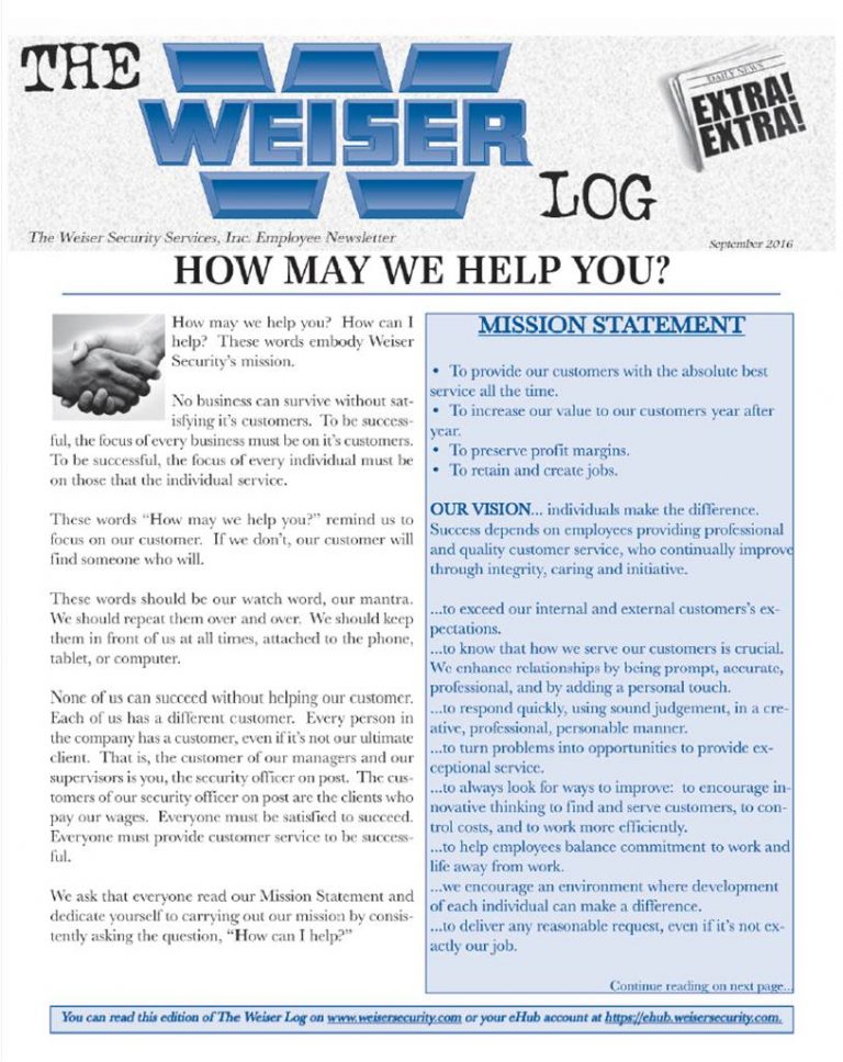 The Weiser Log September 2016 - Weiser Security Services, Inc.
